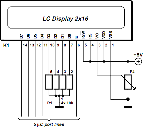 LCD Module in 4-bit Mode Circuit Diagram